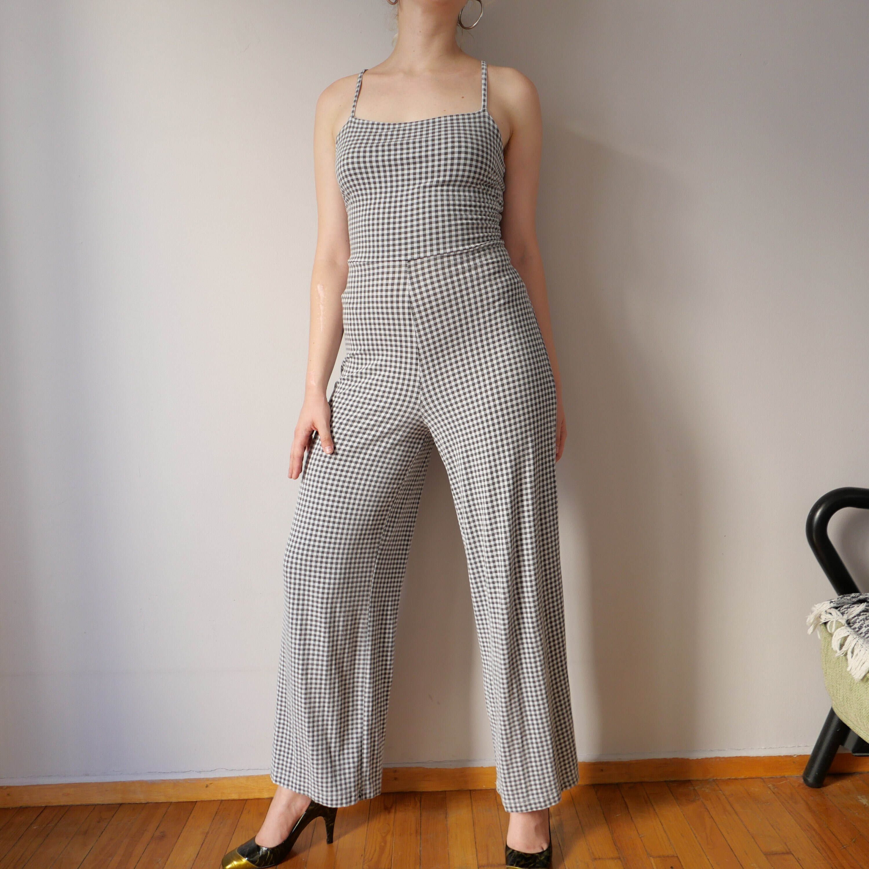 Vintage Vichy Black and White Open Back Culotte Minimalist Jumpsuit ...