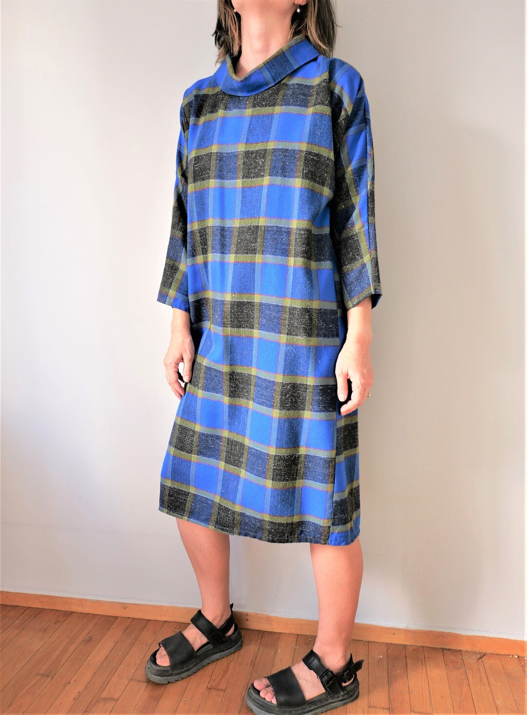 Vintage 70s Wool Blue Checkered Plaid Slip Dress Classics Basic Capsule ...