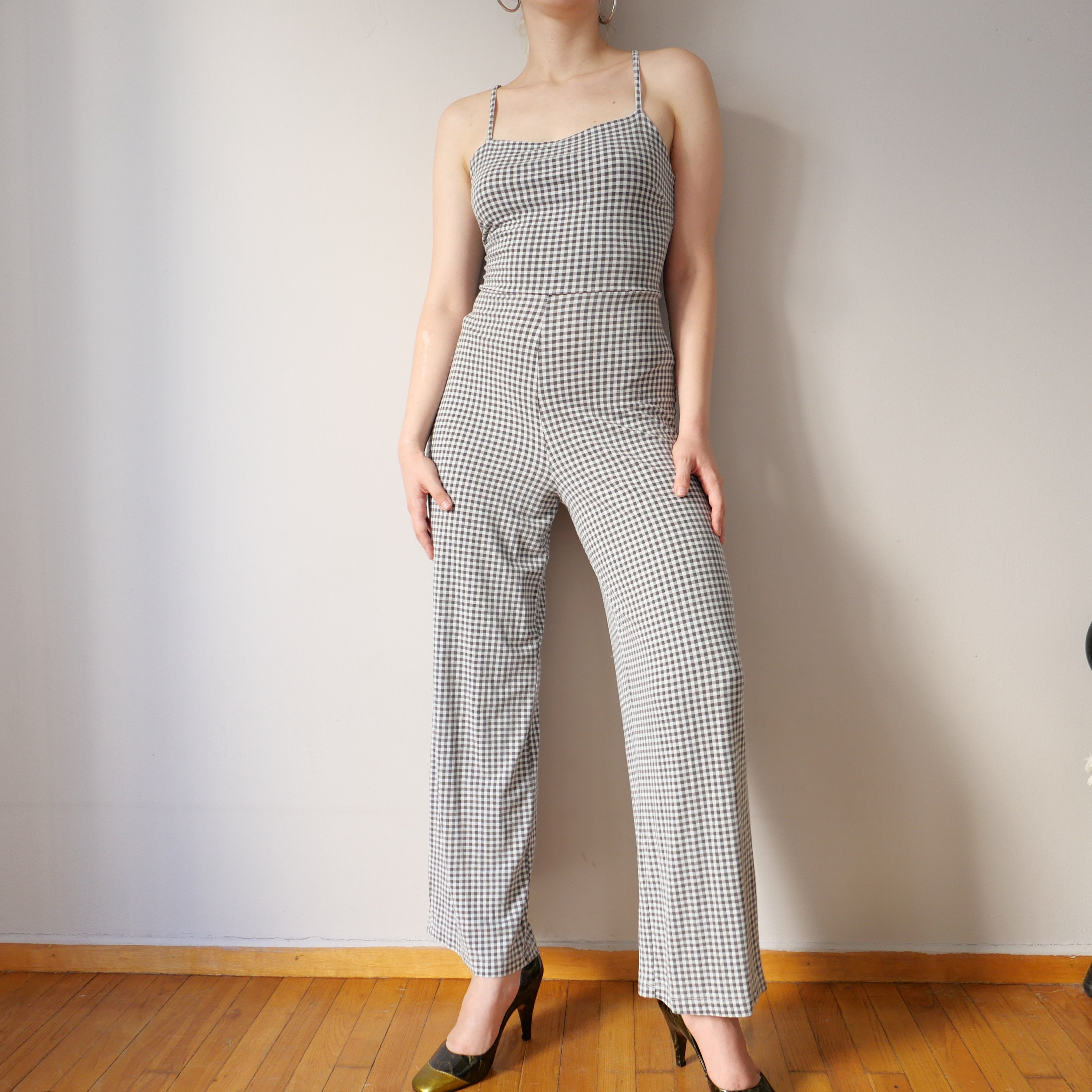 Vintage Vichy Black and White Open Back Culotte Minimalist Jumpsuit ...