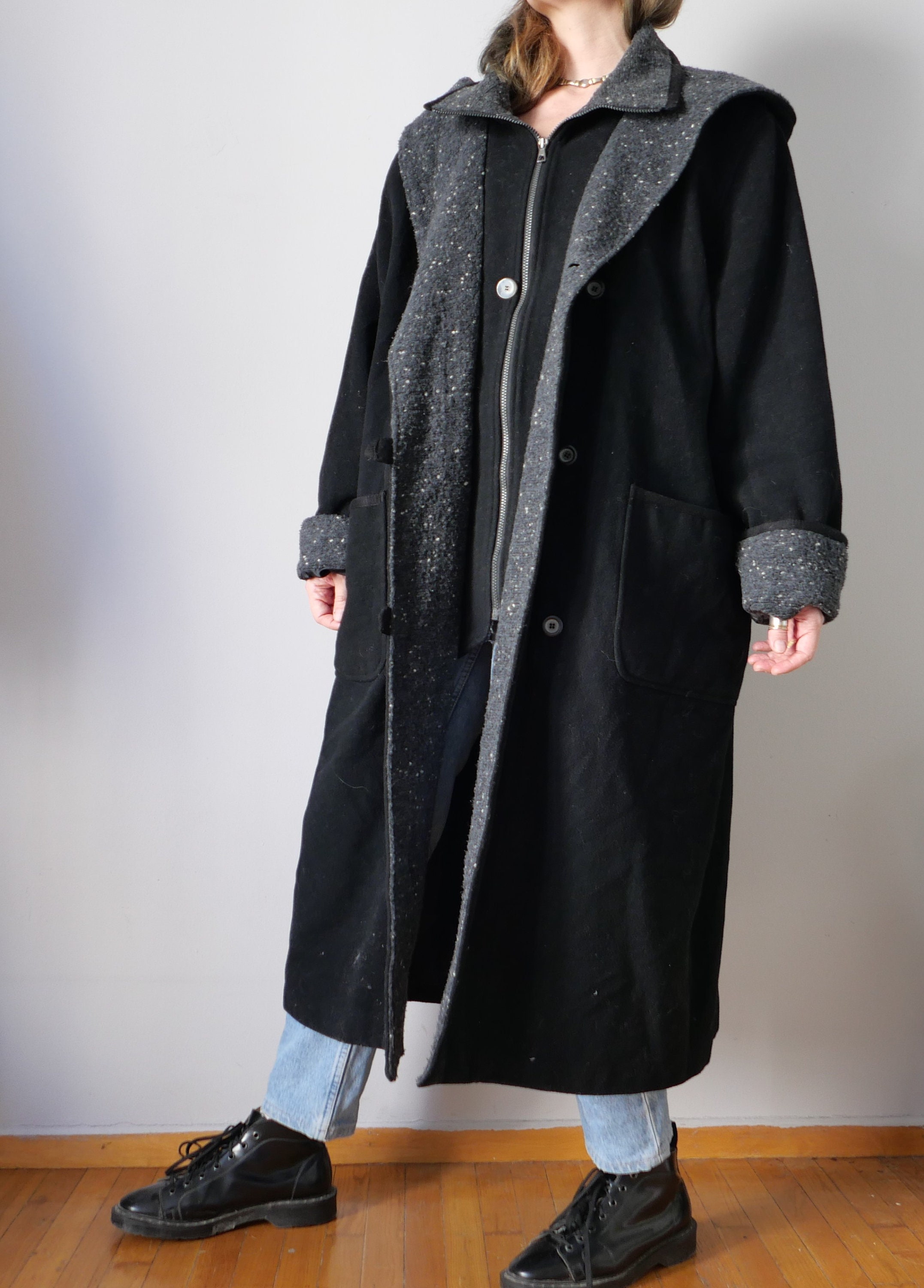 Vintage Lush Wool Blend Charcoal Black Double Layered Hooded Basic Long ...