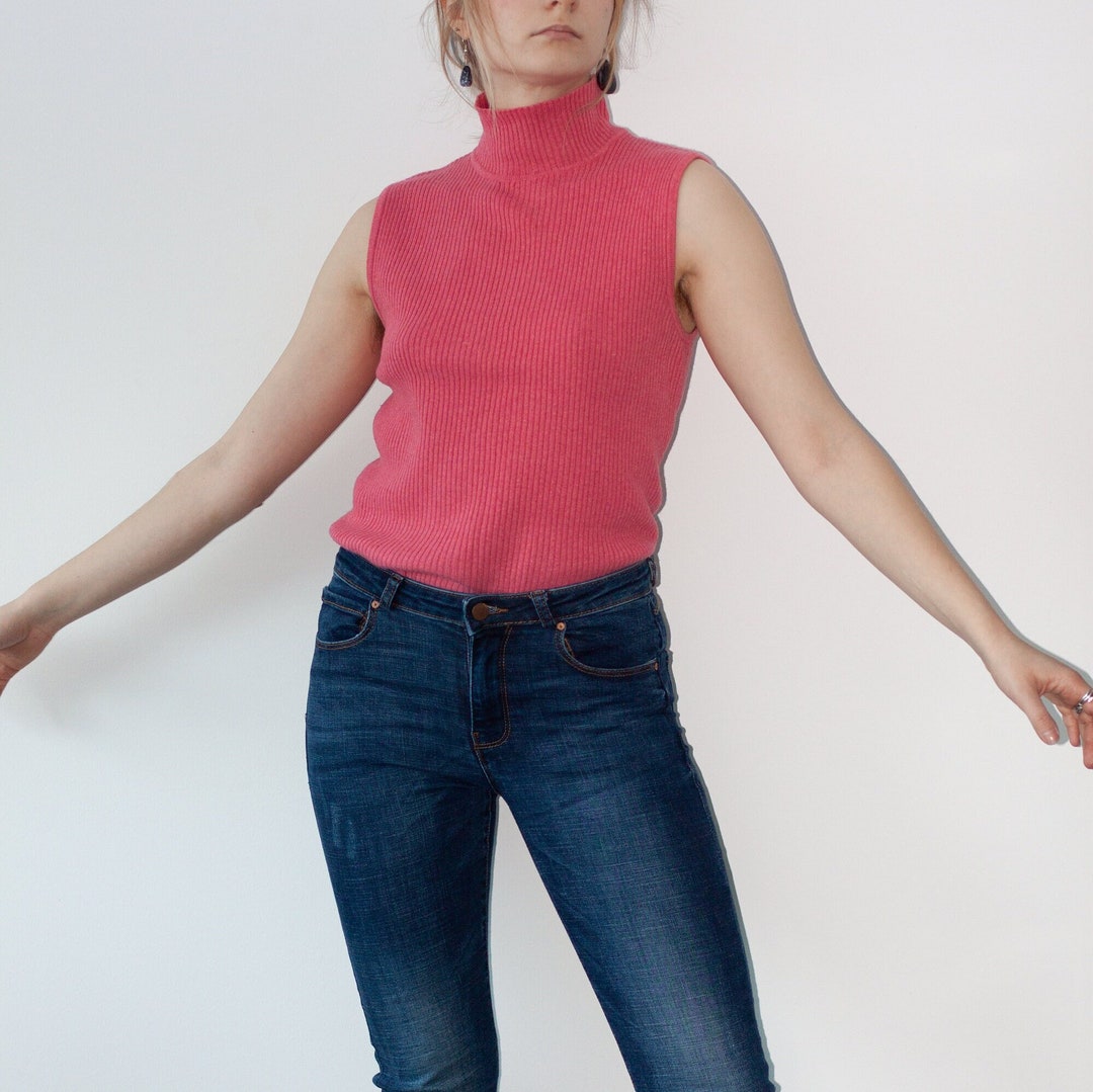 Vintage Wool Cashmere Angora Blend Pink Mock Sleeveless Top Turtleneck ...