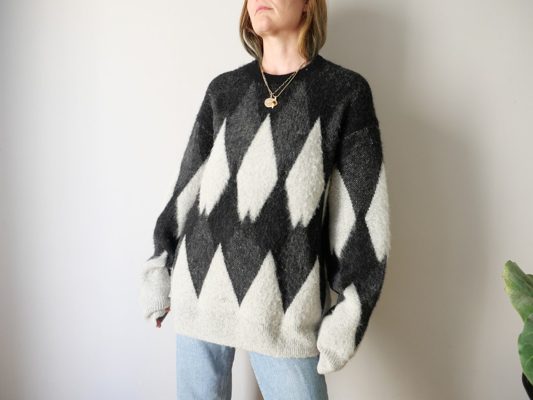 Alpaca Wool Vintage Folklore Sweater Long Grey Argyle Jumper Soft Feel ...