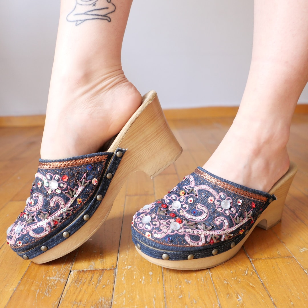 Vintage Denim Embellished Clogs Classic Wood Look Floral Shoe Boho Y2k ...