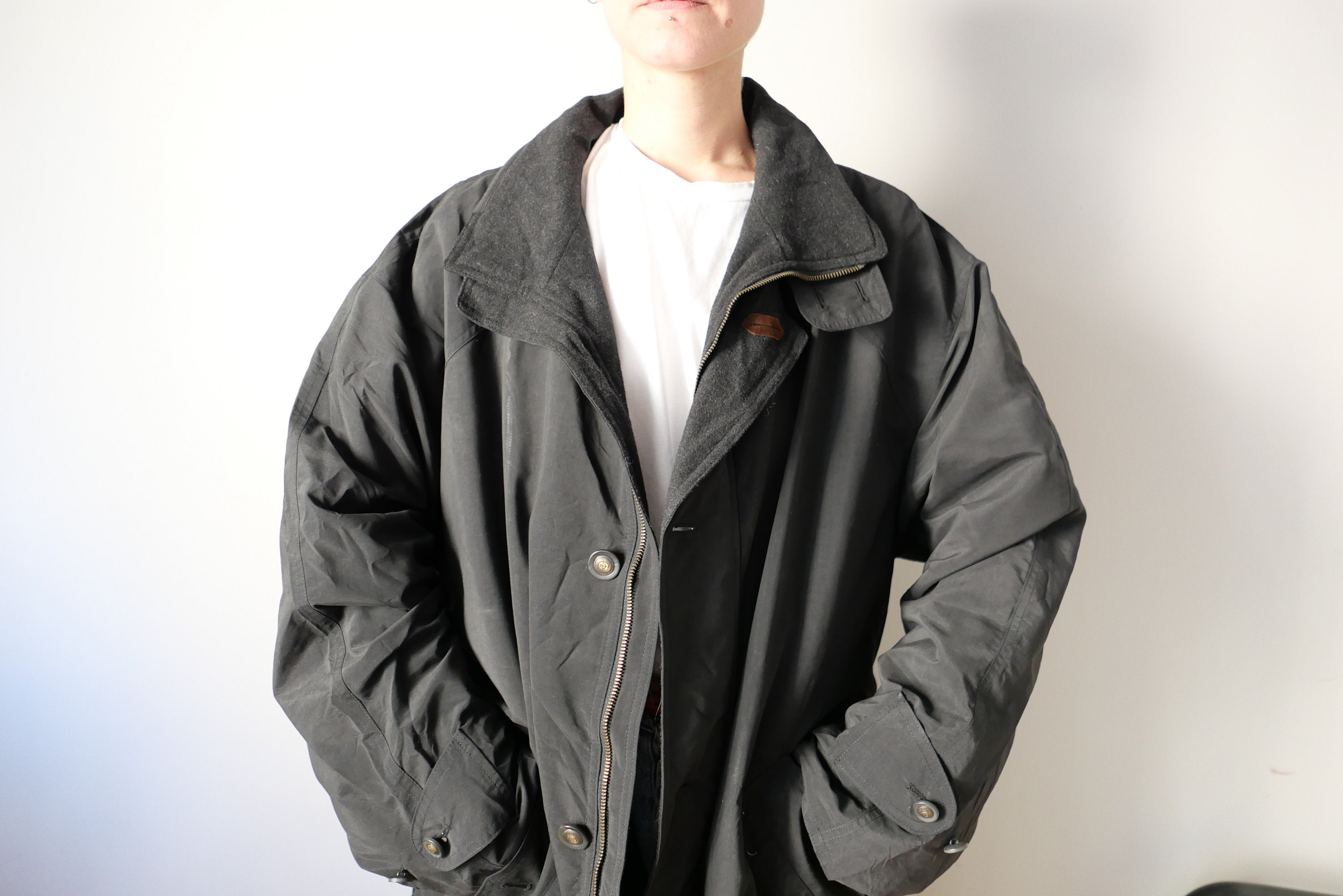 Vintage Long Black Parka Coat Basic Solid Piece With Detachable Wool ...