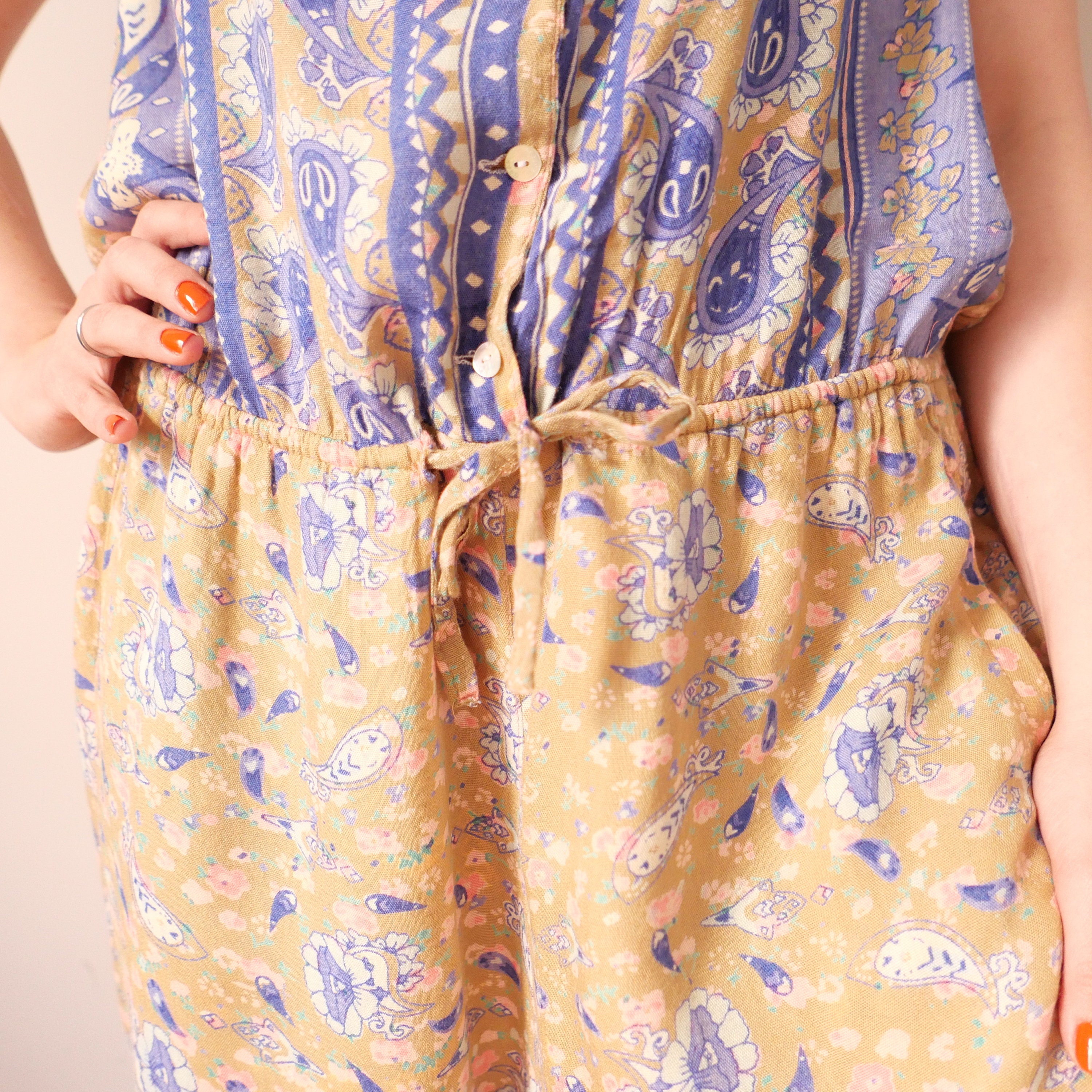 Vintage Jumpsuit Apron Cut Made in India 90s Beige Blue Floral Soft ...