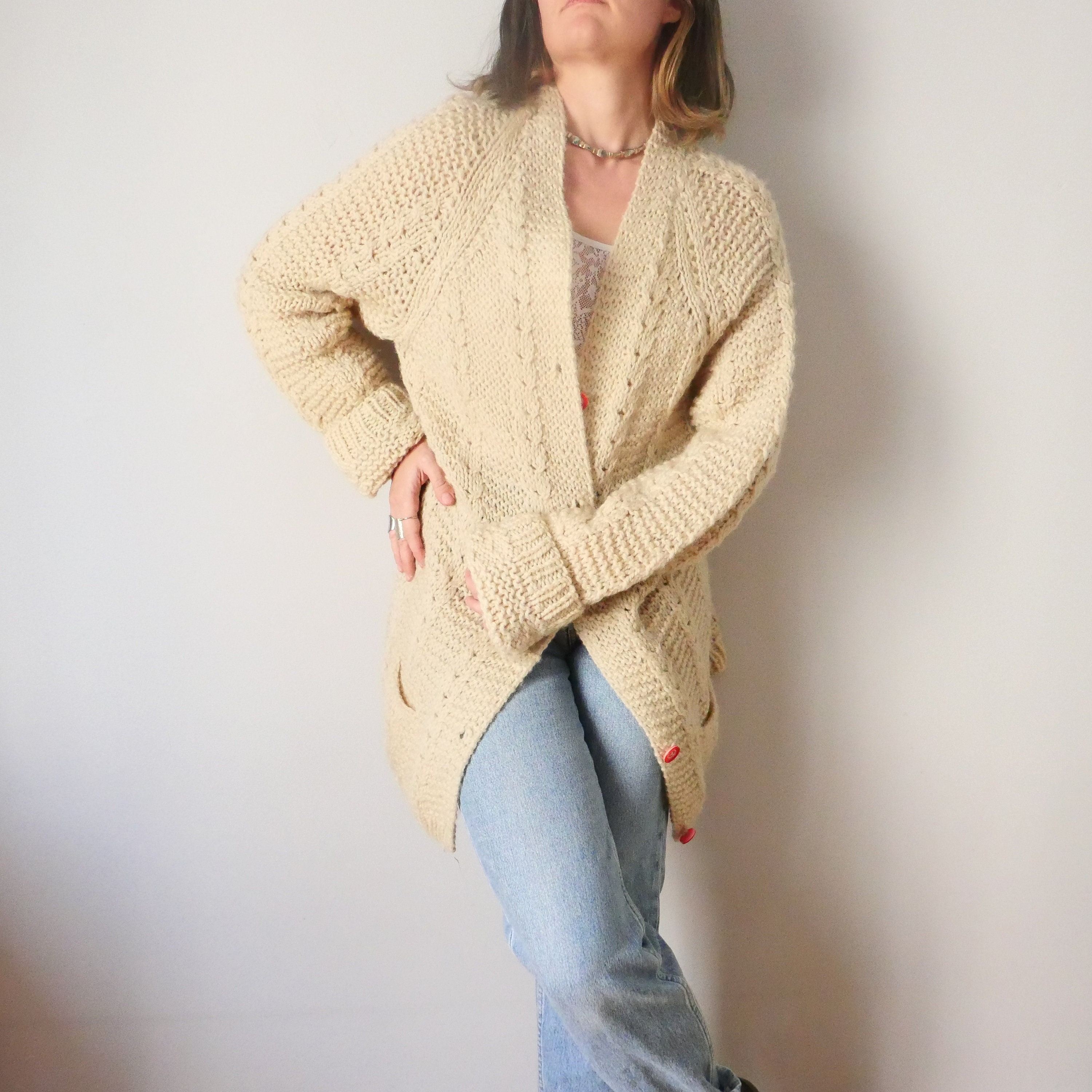 Vintage Chunky Earthy Wool Beige Handknitted Jumper Long Basic Cozy 70s ...