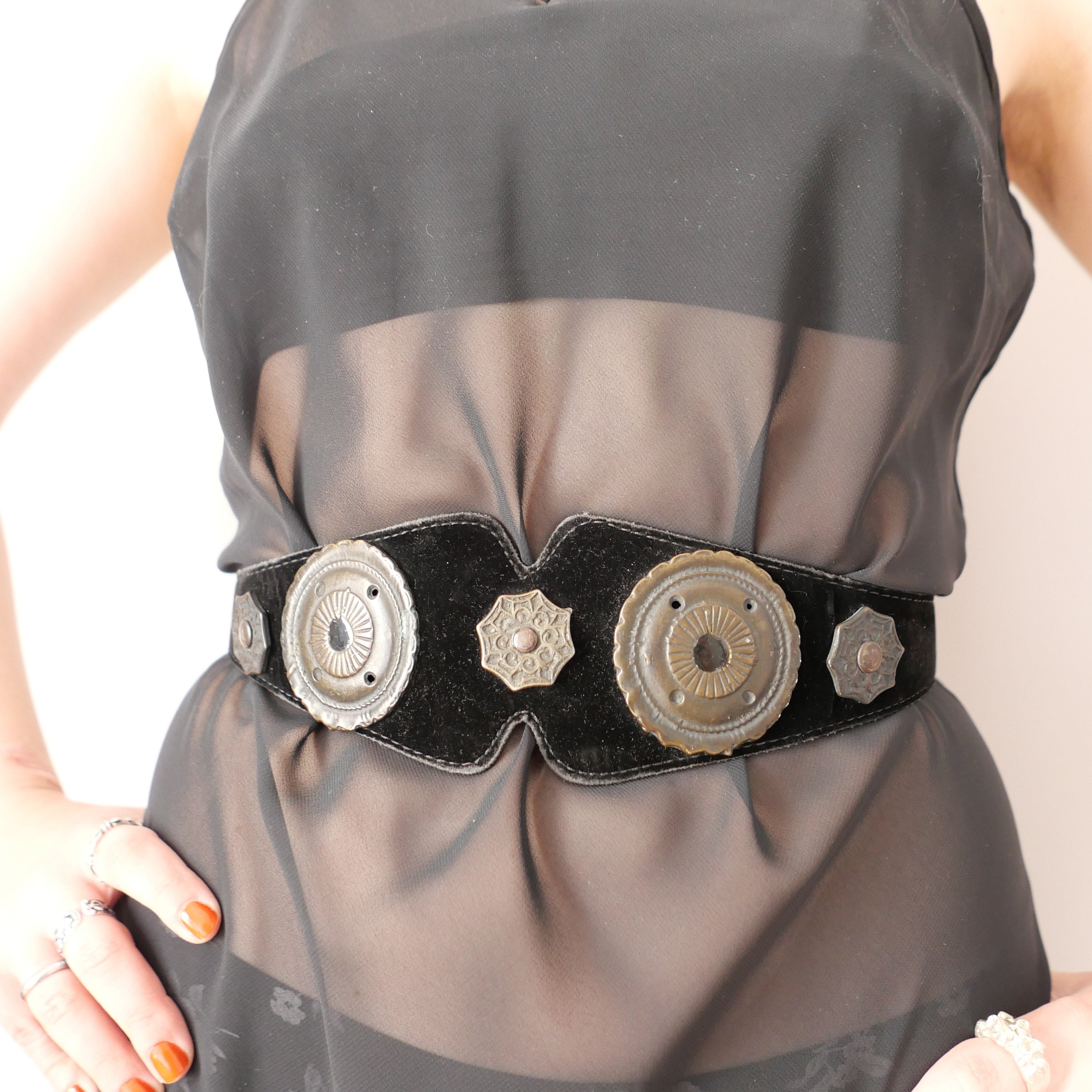 Vintage Leather Belt Goth Core Big Metal Eyes Boho Statement Velour ...
