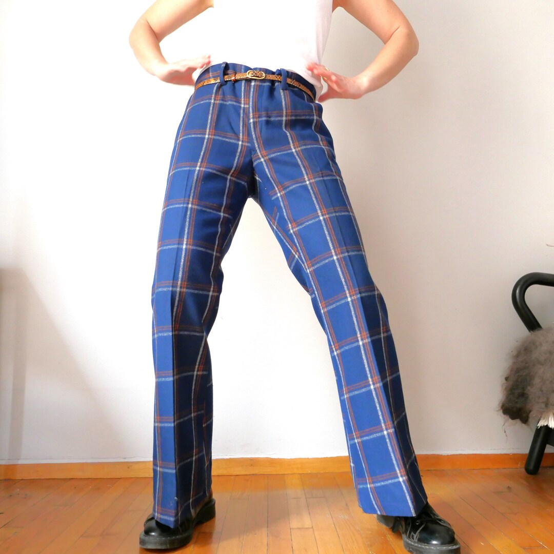 Vintage Bell Bottom Wide Blue Wool Checkered Unworn Vintage Deadstock ...