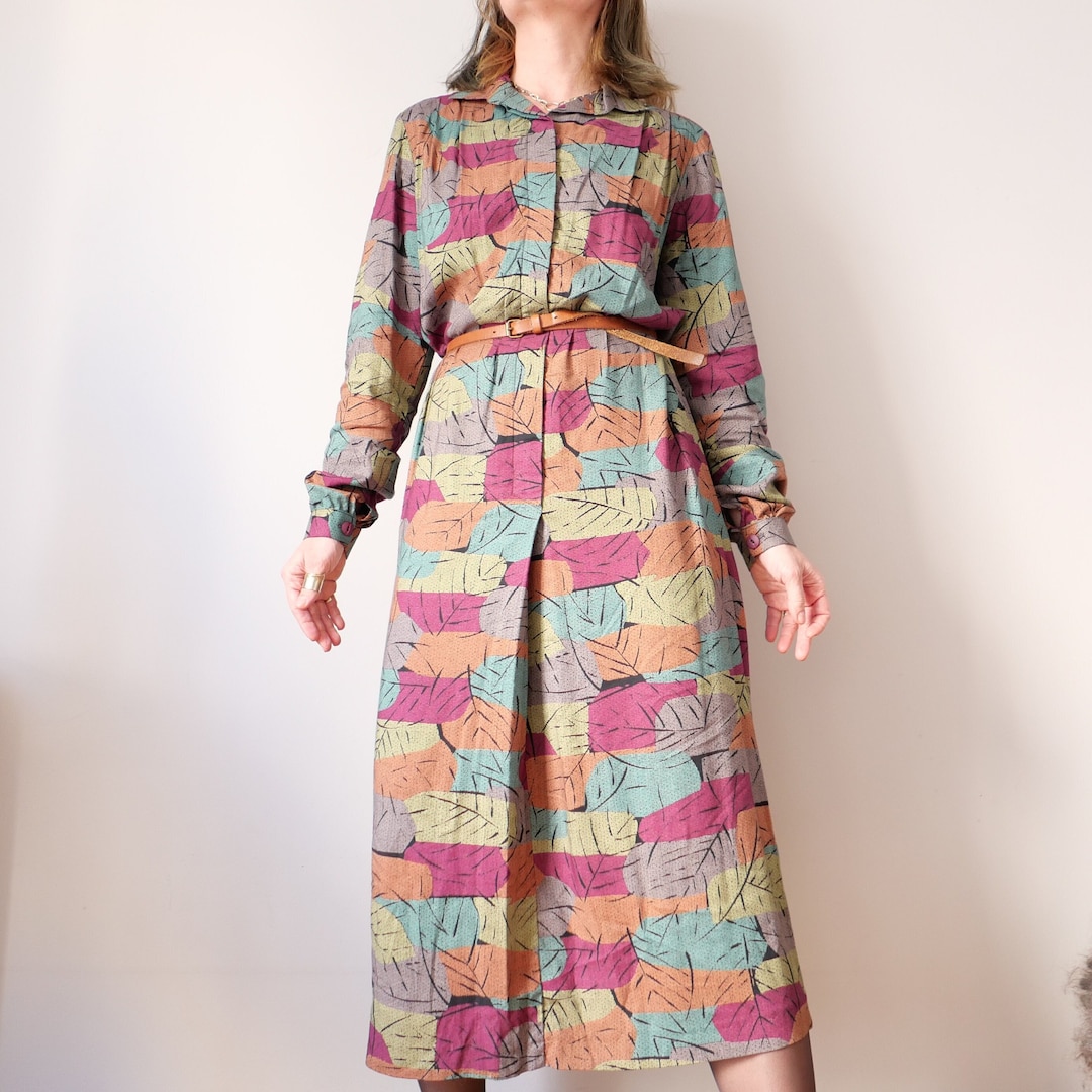 Vintage Long Camisole Dress Leaves Floral With Long Sleeves Nineties ...