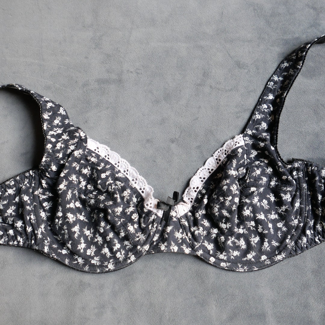 Vintage Cotton Retro Bra Black White Floral Unworn Nostalgic Underwear ...