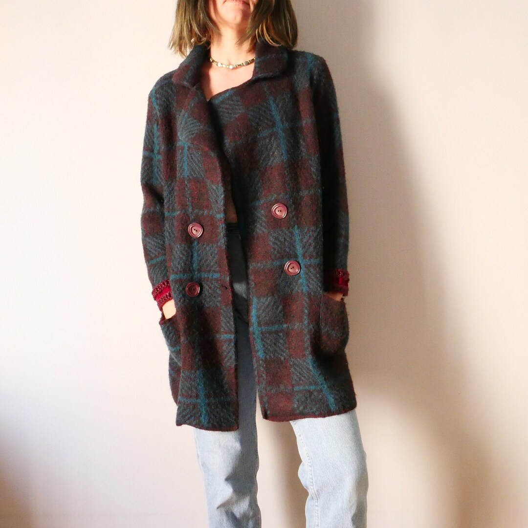 Vintage Plaid Boho Mohair Blend Velvet Details Cottage Core Soft Fluffy ...