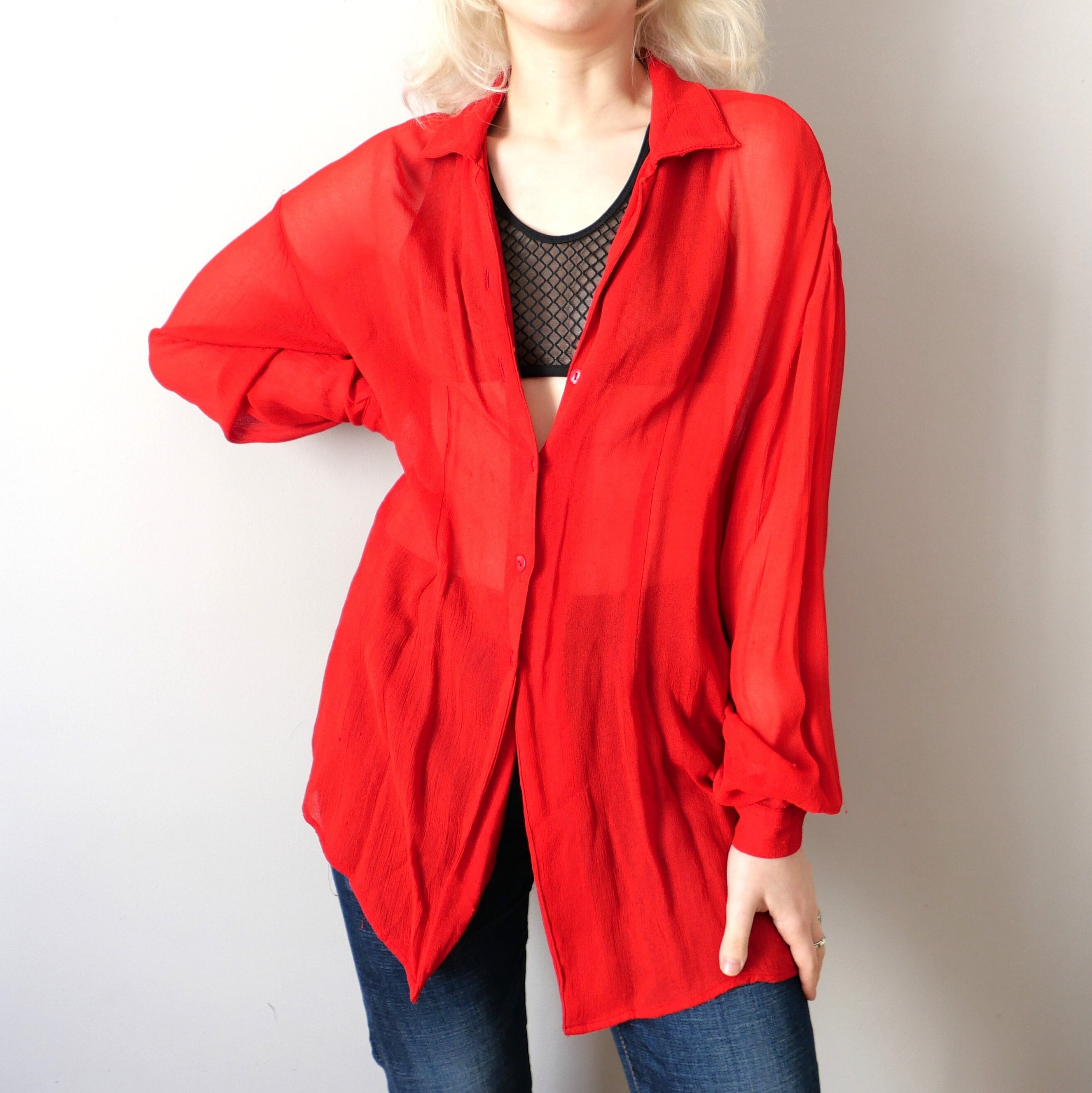 Vintage Red Sheer Long Sleeve Nineties Aesthetics Shirt Plain Red Fresh ...