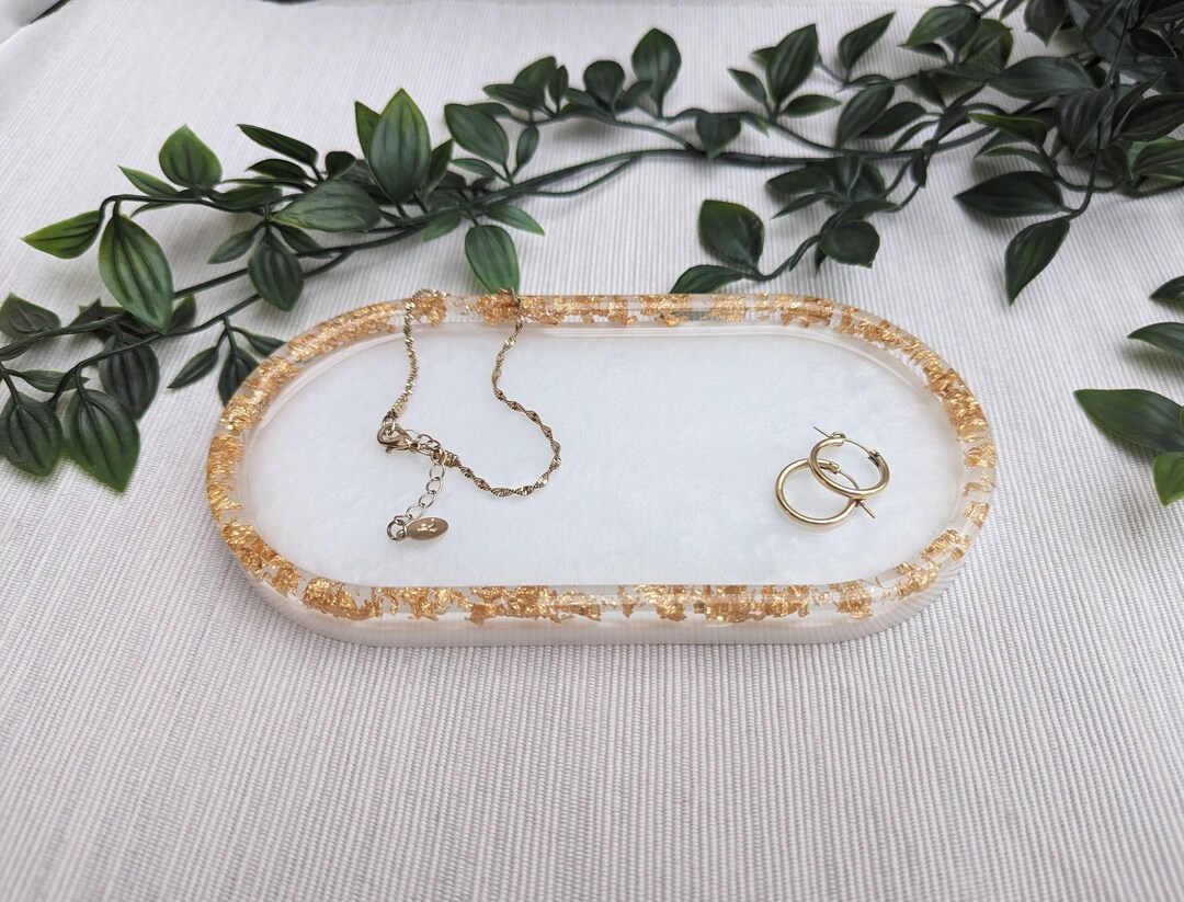 Pearl White Trinket Tray With a Border of Floating Gold Flakes Handmade ...
