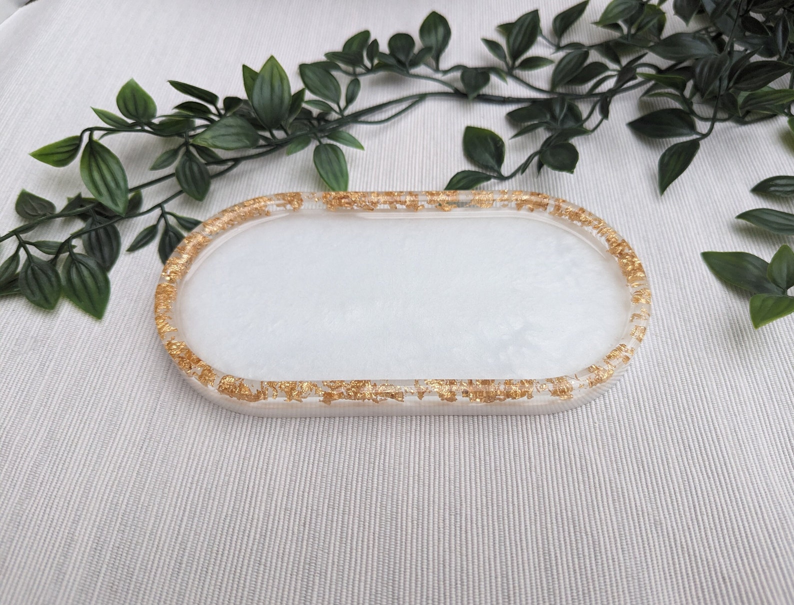 Matching Pearl White & Floating Gold Flakes Gift Set Trinket Tray and ...