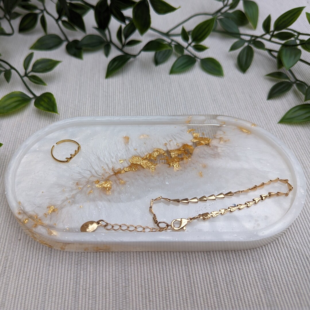 Pearl White Trinket Tray With a River of Gold Flakes | Handmade Resin ...
