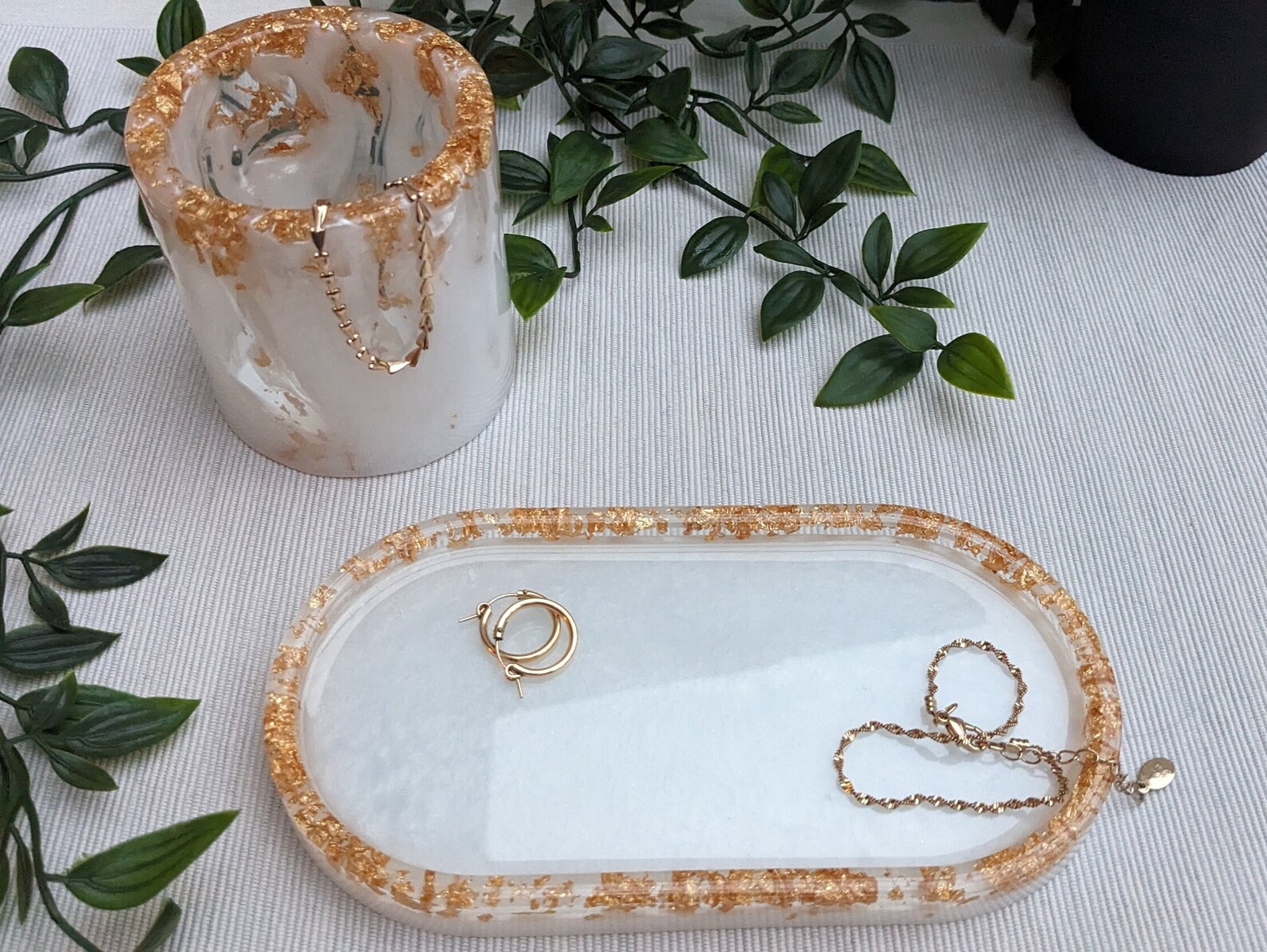 Matching Pearl White & Floating Gold Flakes Gift Set Trinket Tray and ...