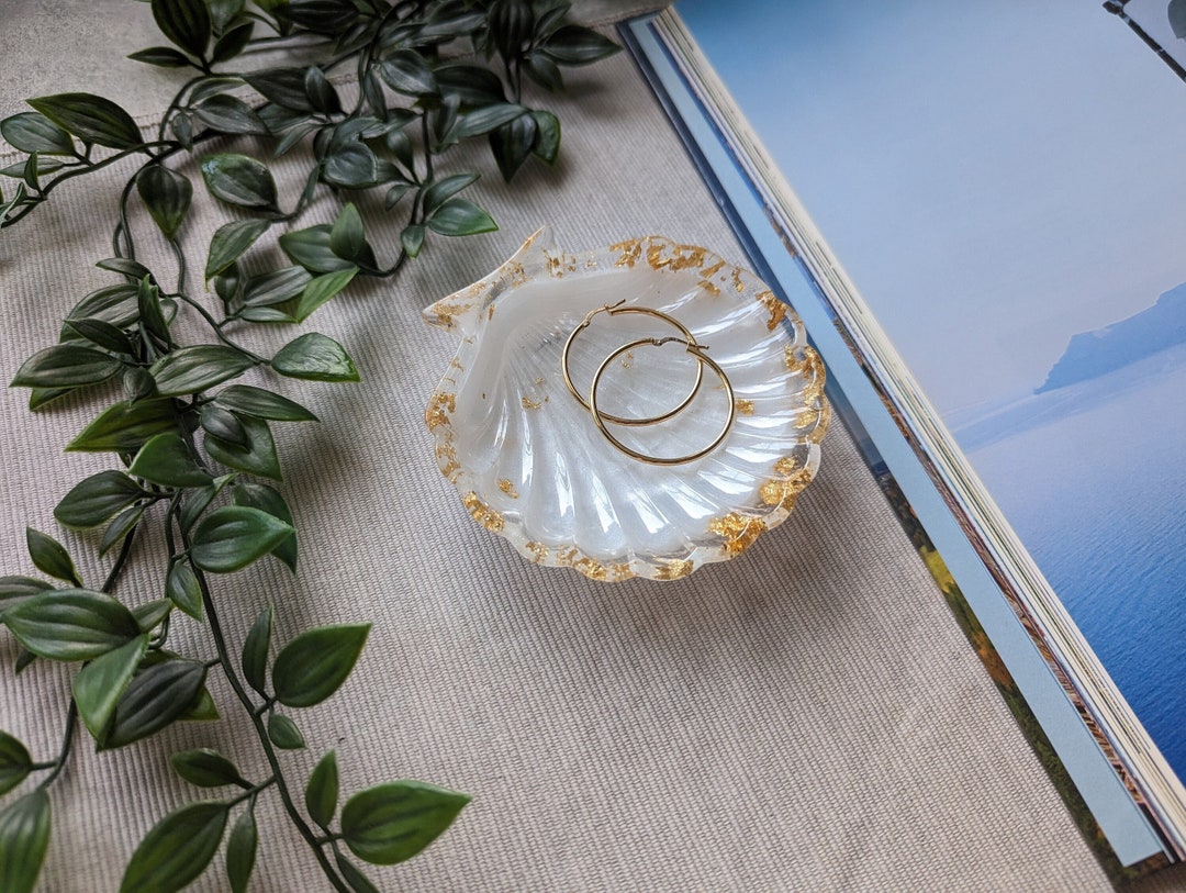 Pearl White & Gold Flakes Seashell Ring Dish Handmade Resin Accessory for Your Home and ...