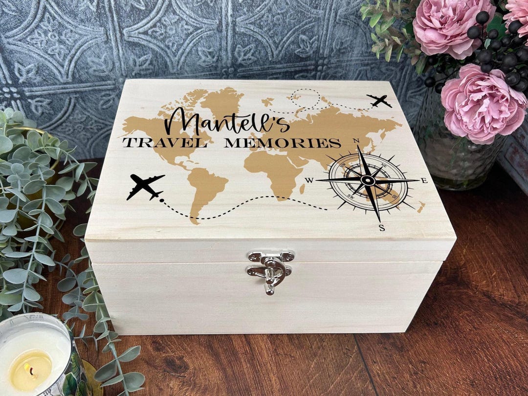 Travel Memory Box - Personalised - Mementos - World Map - Compass ...