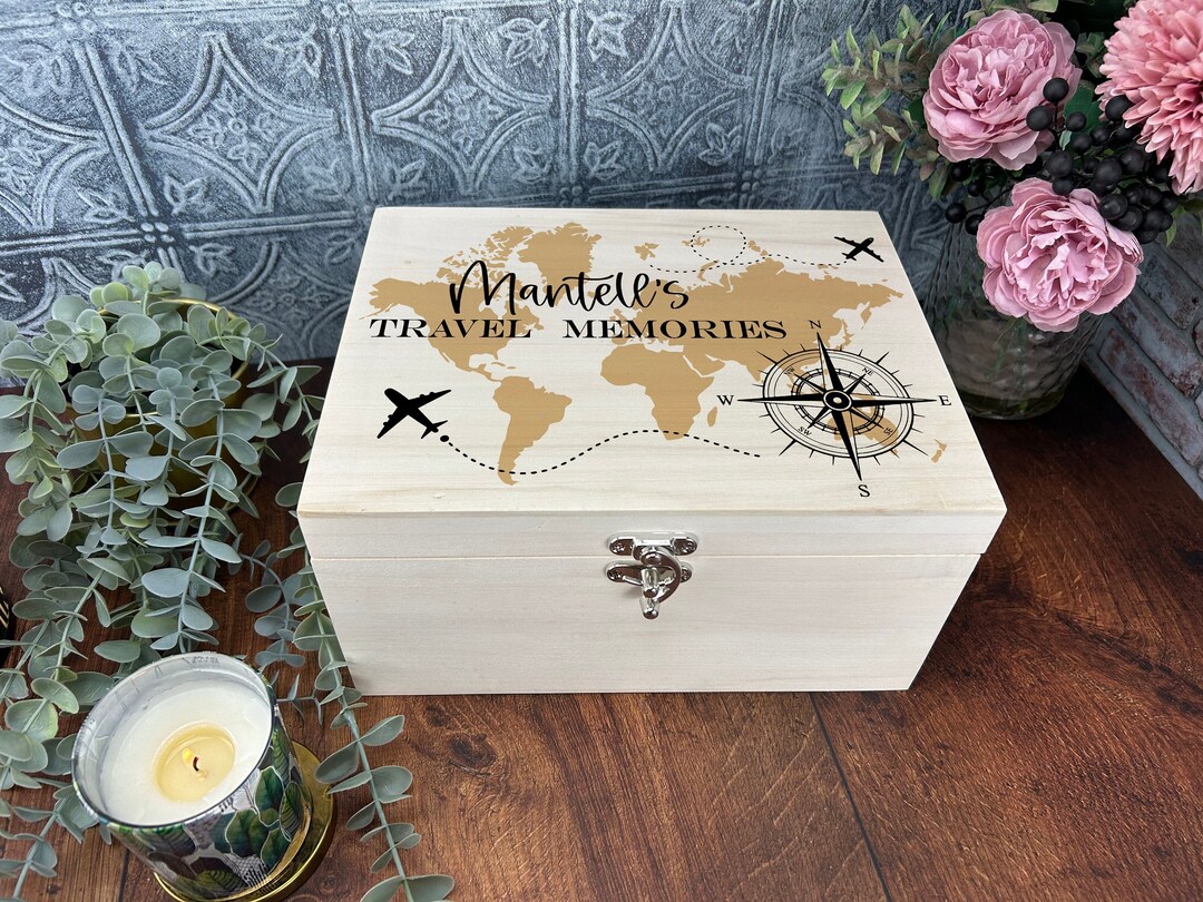 Travel Mementos Box World Map Compass Vintage Personalised Memory Box ...