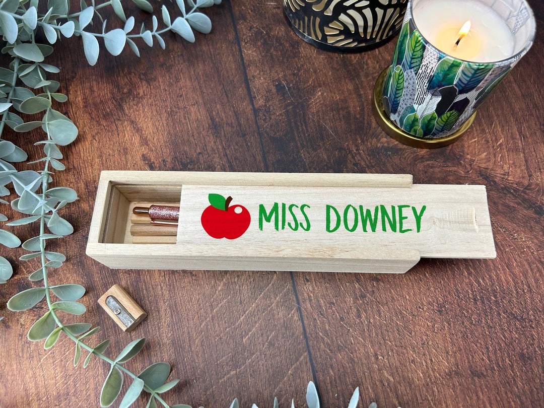 Teacher Wooden Sliding Lid Pencil Case - Apple Design - End or Year ...