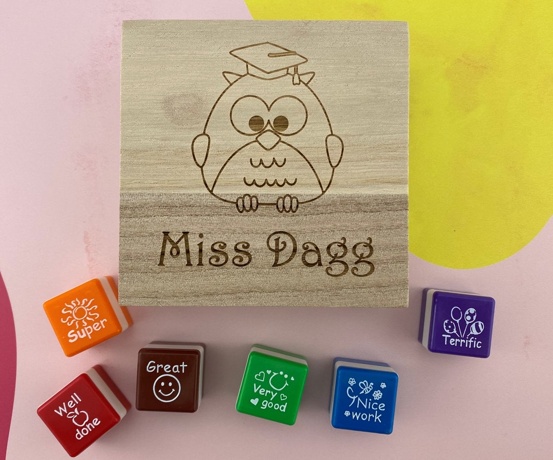 Personalised Engraved Teachers Owl Wooden Box Set of Teacher Stamps - Etsy