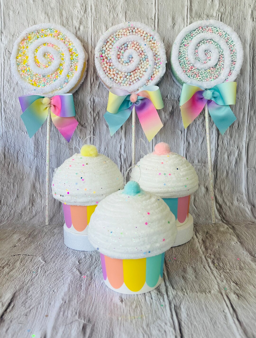 Faux Candy Cupcakes (3) Lollipops (3) Pastel Party Decor Fake Candy ...