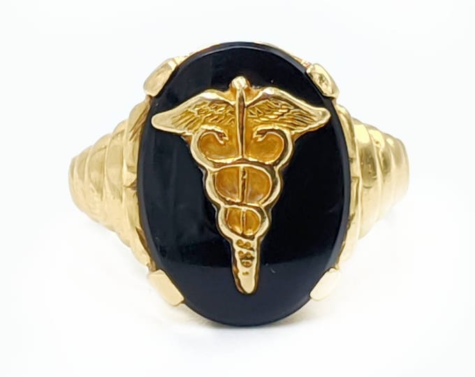 Vintage 1950s 14k Gold Onyx Caduceus Ring Doctor Nurse Healthcare ...