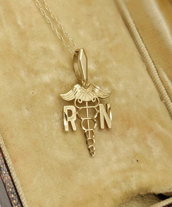 14k Gold RN Nurse Caduceus Charm Necklace in Yellow G… - Gem