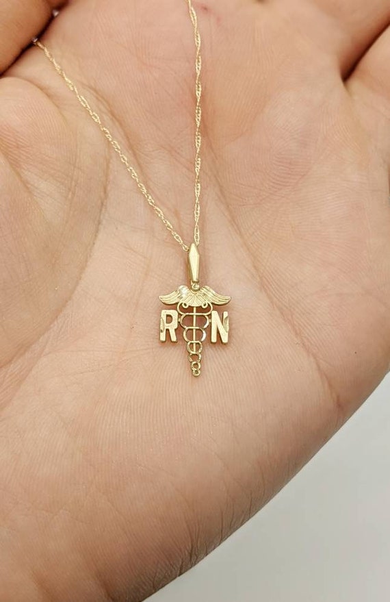14k Gold RN Nurse Caduceus Charm Necklace in Yellow G… - Gem