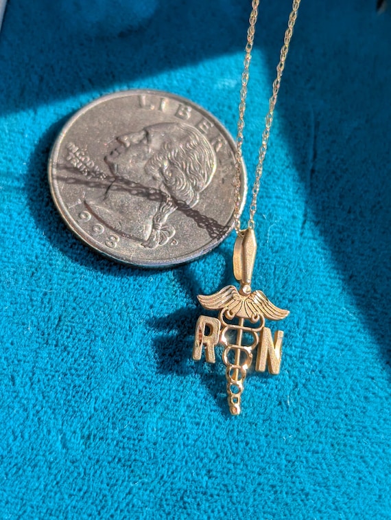 14k Gold RN Nurse Caduceus Charm Necklace in Yellow G… - Gem