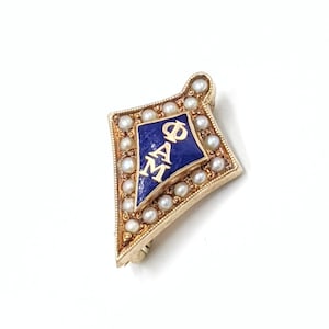Vintage 14k Gold Phi Alpha Mu Blue Enamel and Seed Pearl Lapel Pin ...
