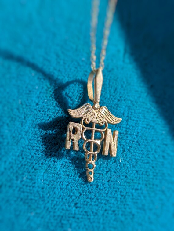 14k Gold RN Nurse Caduceus Charm Necklace in Yellow G… - Gem