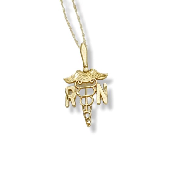 14k Gold RN Nurse Caduceus Charm Necklace in Yellow G… - Gem