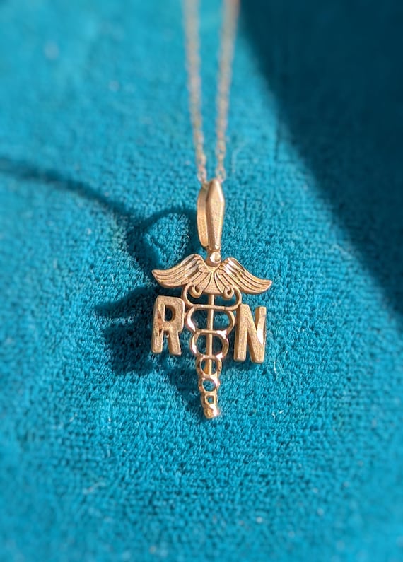 14k Gold RN Nurse Caduceus Charm Necklace in Yellow G… - Gem
