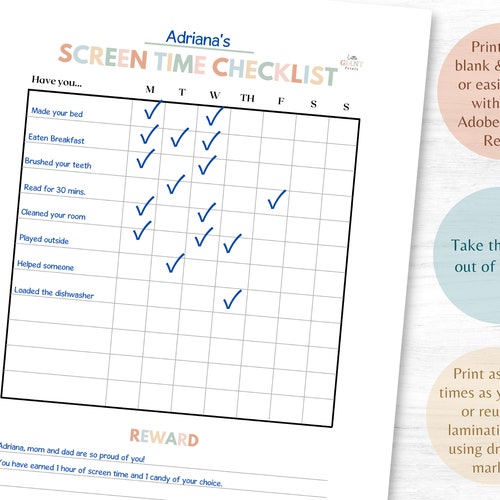 Kids Screen Time Checklist / Tracker Cute Printable Chore - Etsy