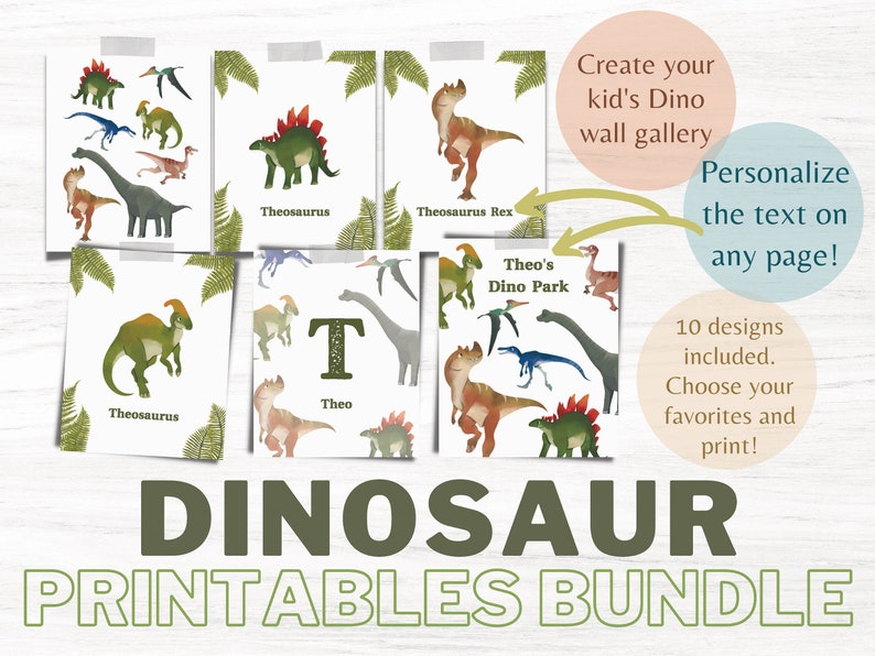 Personalized Dinosaurs Wall Art Prints Set Bundle, DIY Kids Wall Art ...