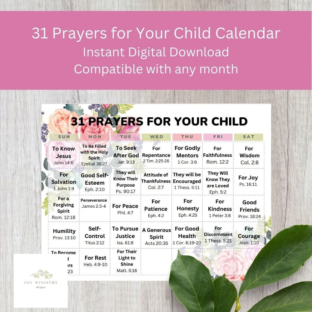 31 Prayers for Your Child Calendar, Christian Prayer Calendar, Family ...