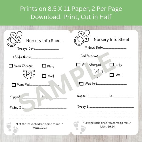 Church Nursery Information Sheet, Children's Ministry, Infant Info Sheet, Church Ministry, Black ...