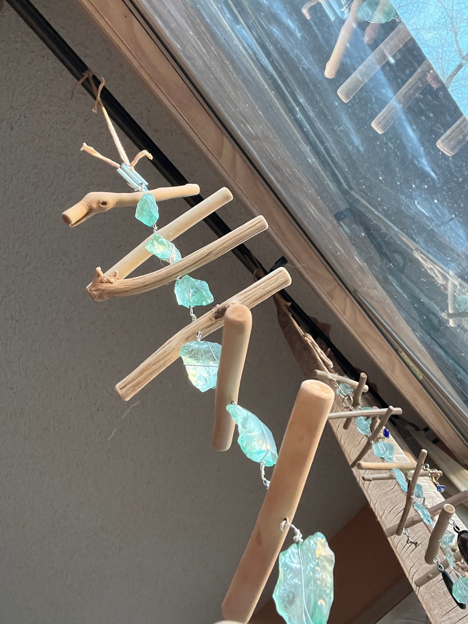 Sun Catcher With Blue Beach Glass Chunks and Beach Driftwood. 19” - Etsy