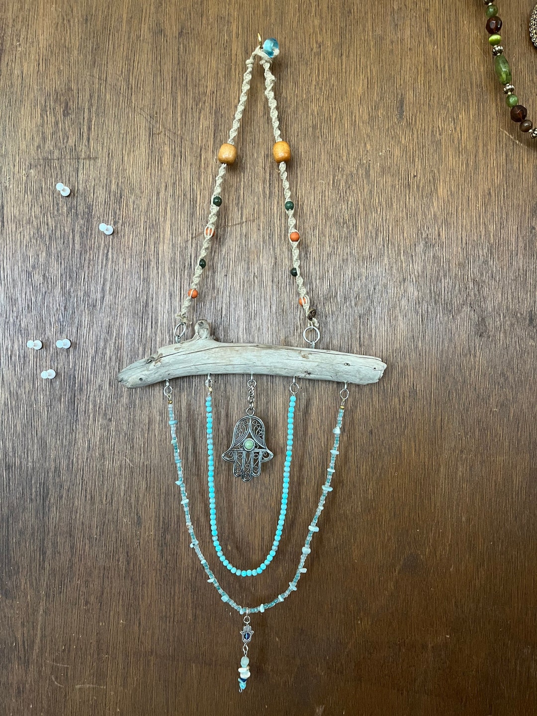 Beach Glass, Turquoise, Hamsa Hand Chakra Hanging From Hemp Rope W ...