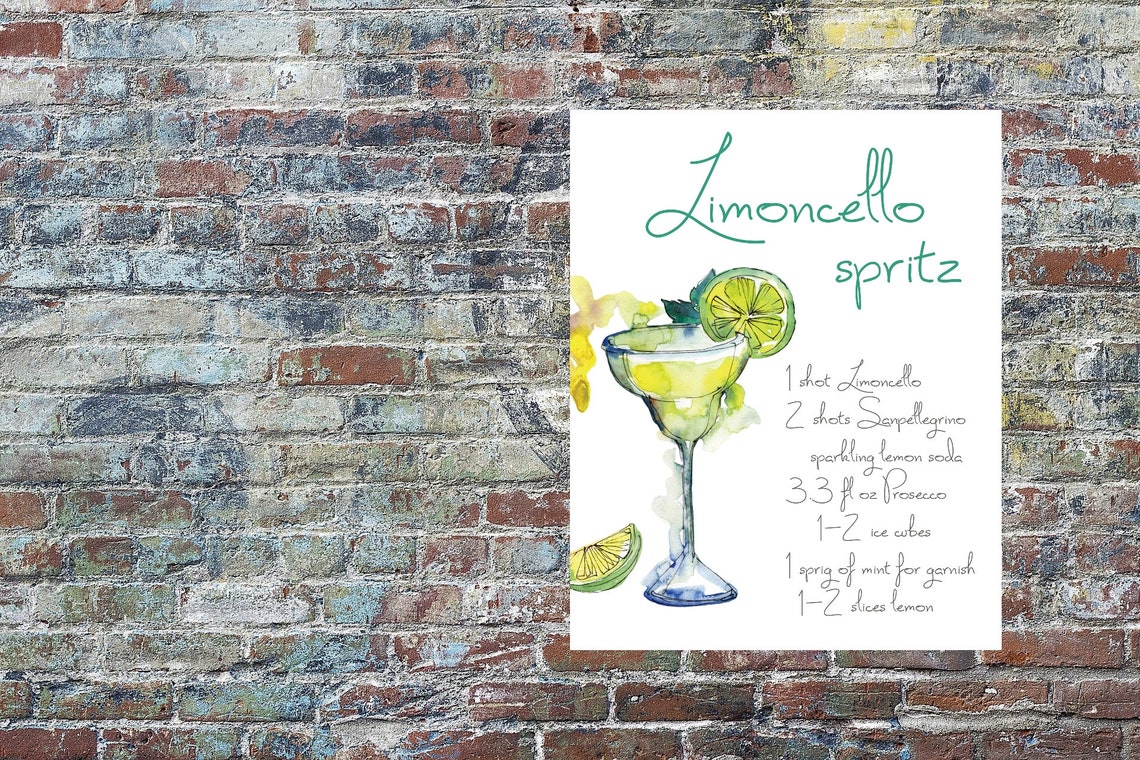 Limoncello spritz cocktail recipe art print Summer kitchen | Etsy