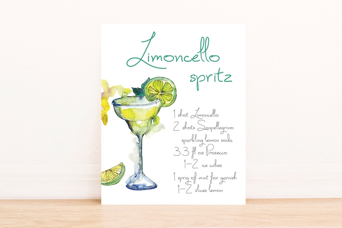 Limoncello spritz cocktail recipe art print Summer kitchen | Etsy