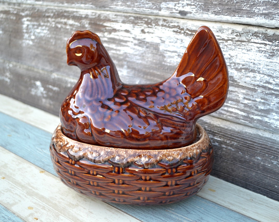 Hull Pottery Brown Drip Nesting Chicken in a Basket Casserole Dish ...