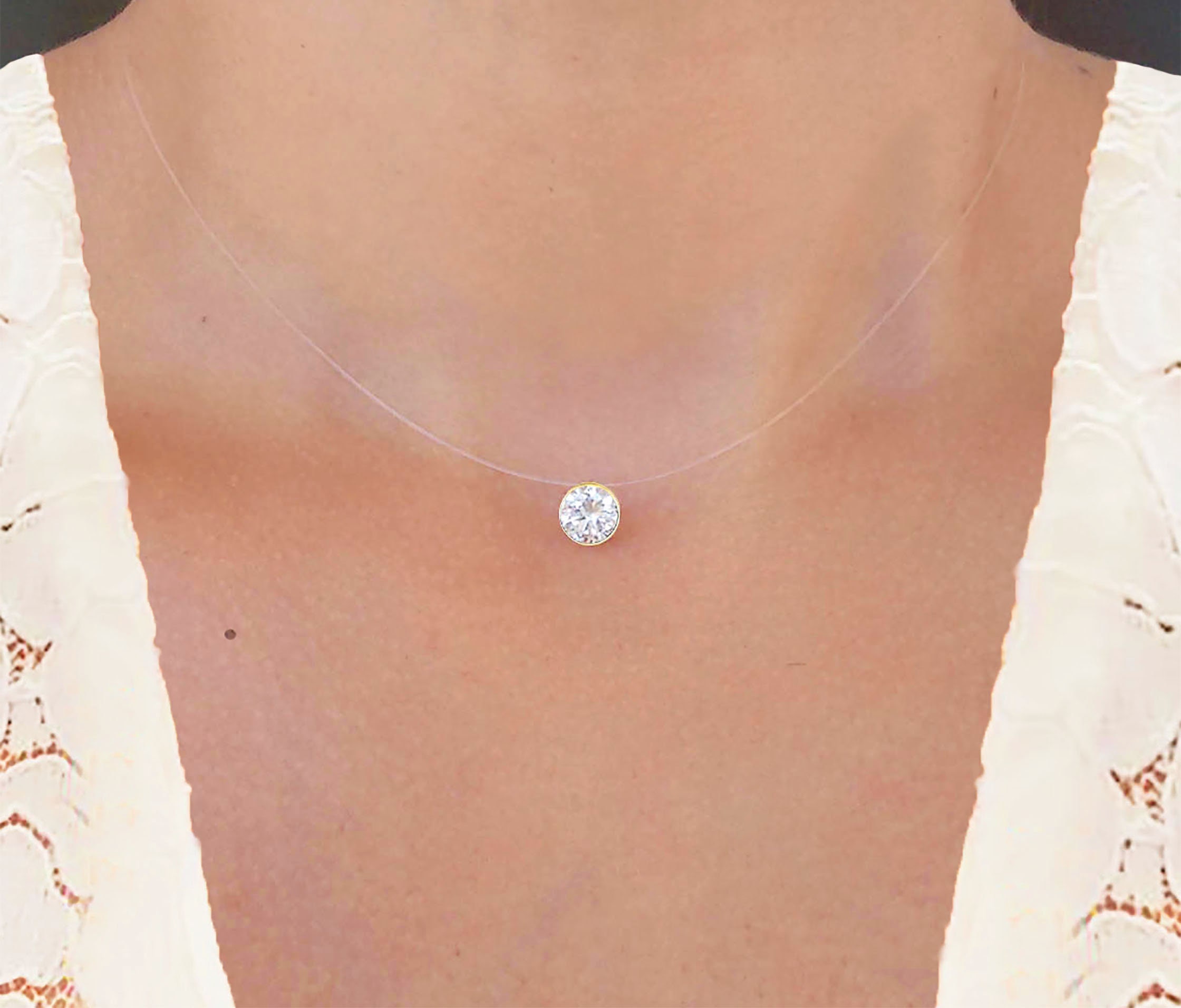 Invisible Necklace - Gold Plated (24K) Solitaire - Fishing Line Style ...