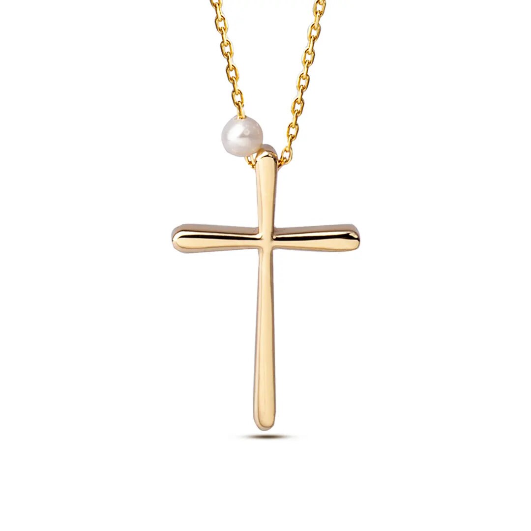 Curved Edges Gold Cross Pendant With Freshwater Pearl - Etsy