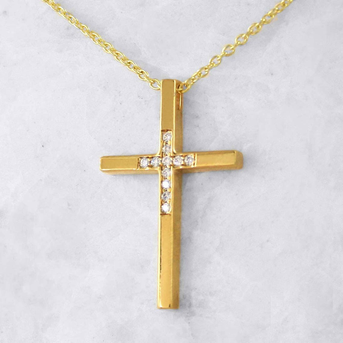 Women's Diamond Cross Tall and Thin Yellow Gold Cross | Etsy