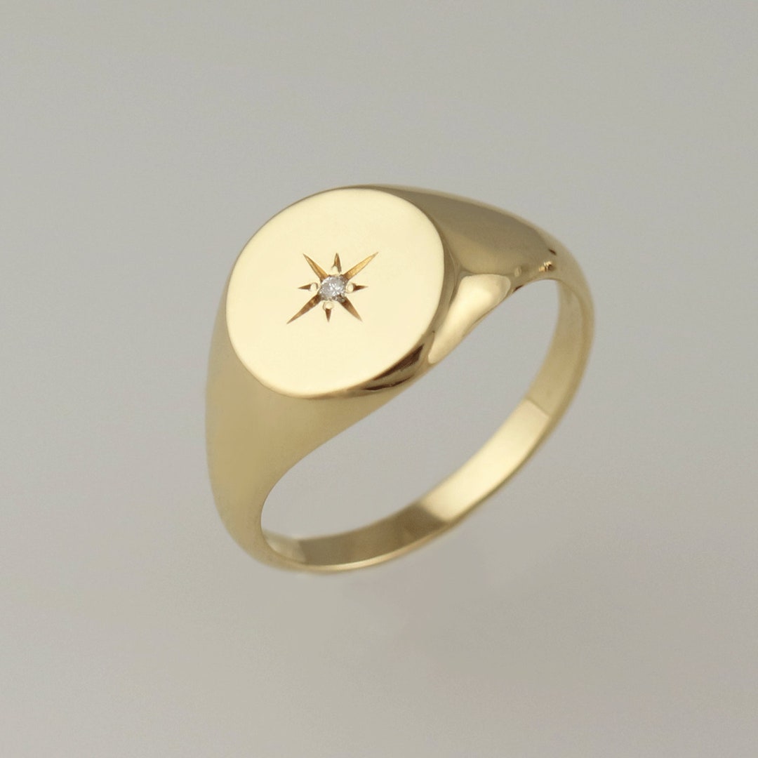 Diamond Signet Ring in 14k Gold / Star Setting Diamond Signet - Etsy