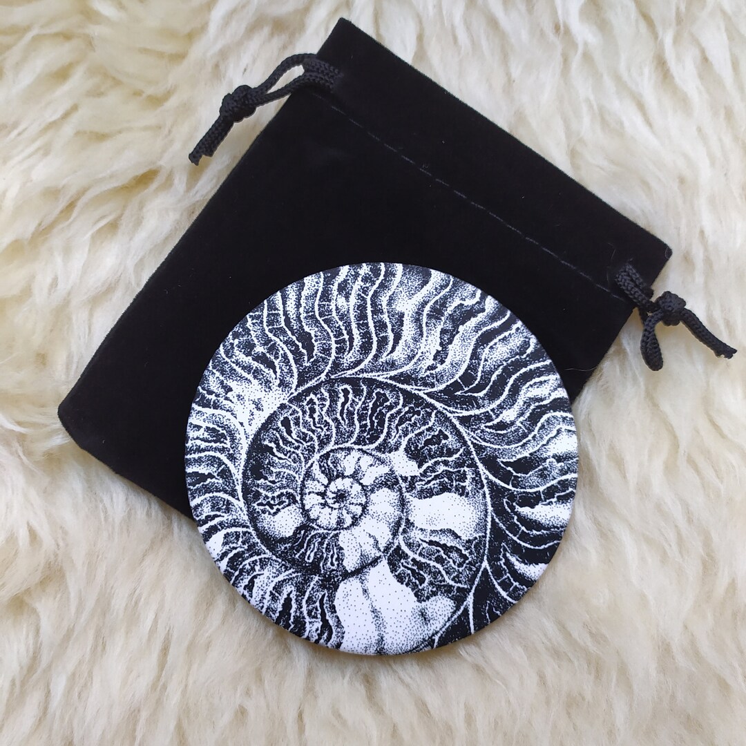 Crystallized Ammonite Dotwork Ink Drawing Illustration on Pocket Mirror ...