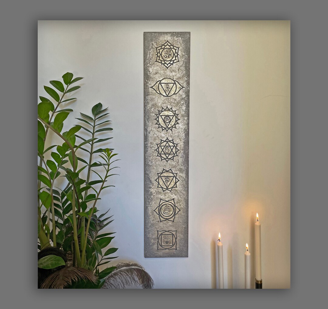 Seven Chakra Wall Art Set Engraved in Stone Texture in Gold and Silver ...