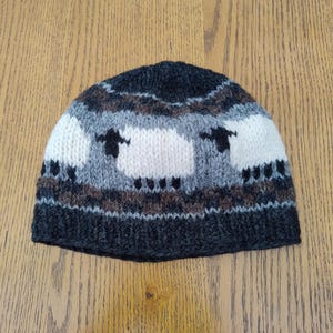 Sheep Beanie Hat Charcoal Grey Hand Knitted Wool Fleece Lined Fun Farm ...